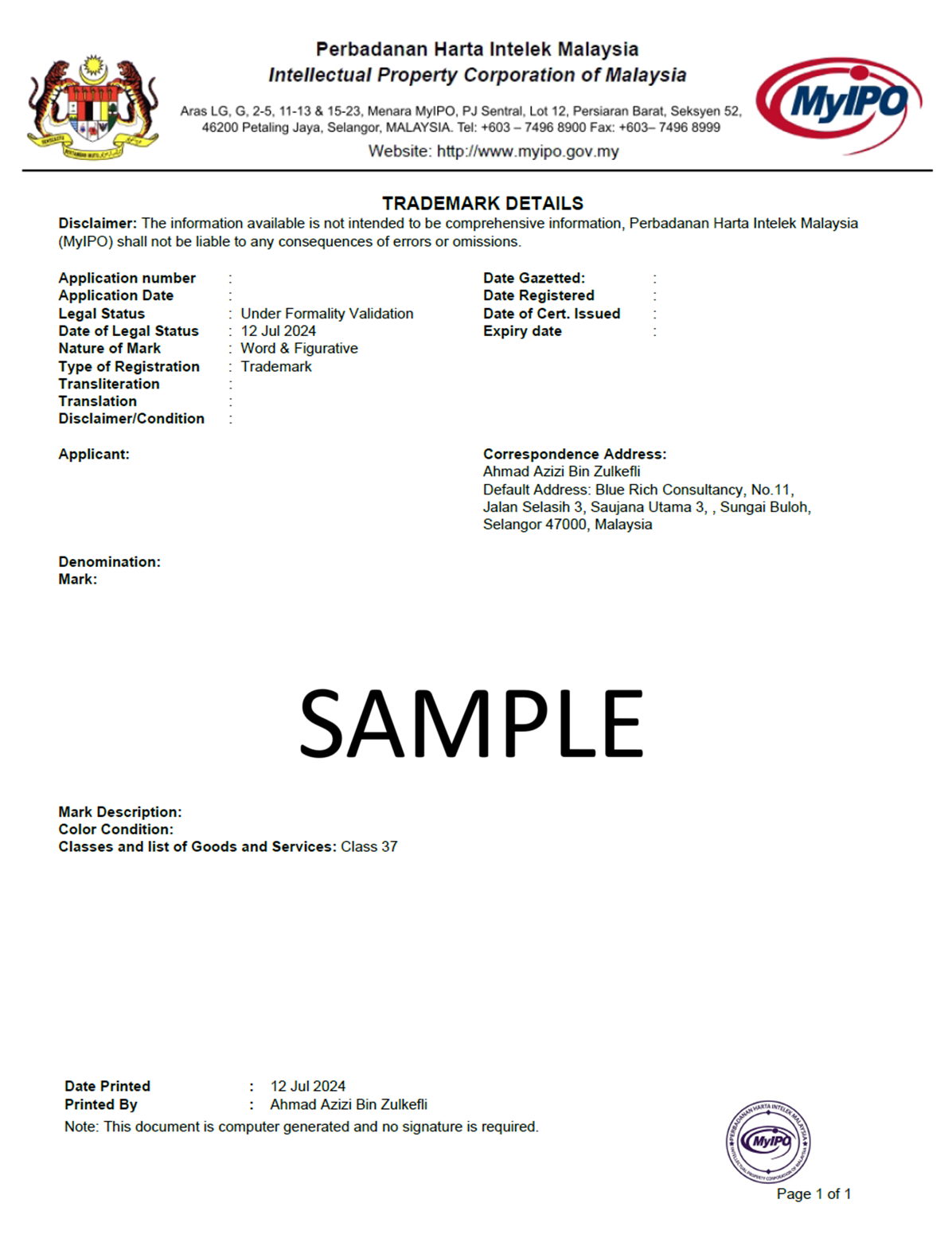 SAMPLE OF TRADEMARK DOCUMENT – BLUE RICH CONSULTANCY – TRADEMAK AGENT ...